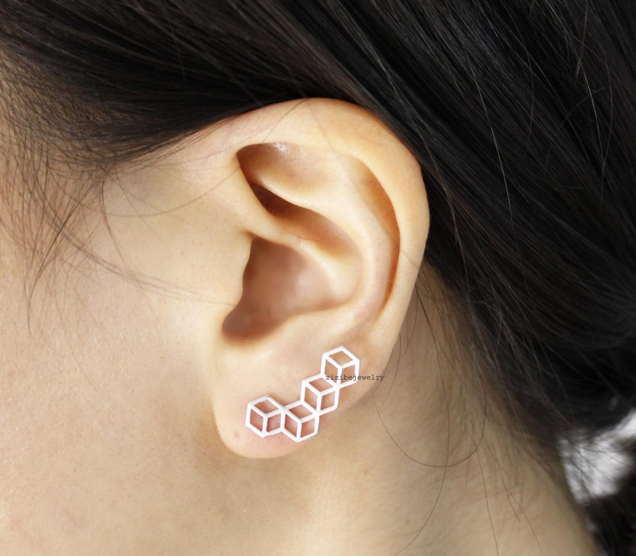 3D Cube Squares Ear Pin,Ear Crawler,Climber,Ear Cuff Style Stud ...